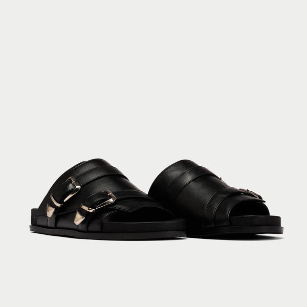 Calla | Lily | Black Leather Flat Sandal Slider