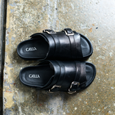 Calla | Lily | Black Leather Flat Sandal Slider